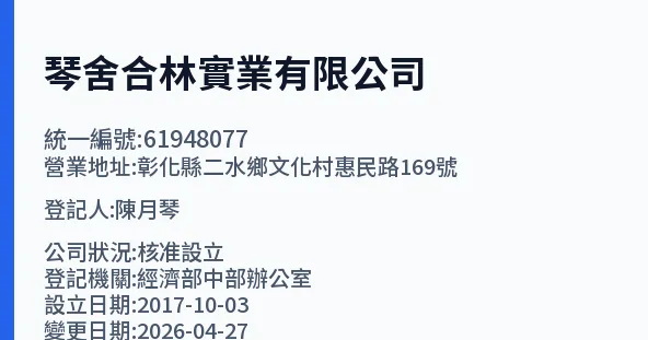 琴舍合林實業有限公司的照片-統編 61948077(彰化縣) 公司登記資料與營業項目詳細圖表