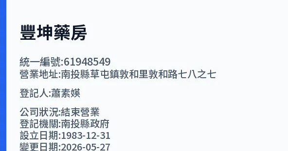 豐坤藥房的照片-統編 61948549(南投縣) 公司登記資料與營業項目詳細圖表