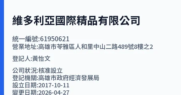 維多利亞國際精品有限公司的照片-統編 61950621(高雄市) 公司登記資料與營業項目詳細圖表