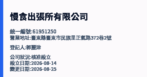 慢食出張所有限公司的照片-統編 61951250(臺東縣) 公司登記資料與營業項目詳細圖表