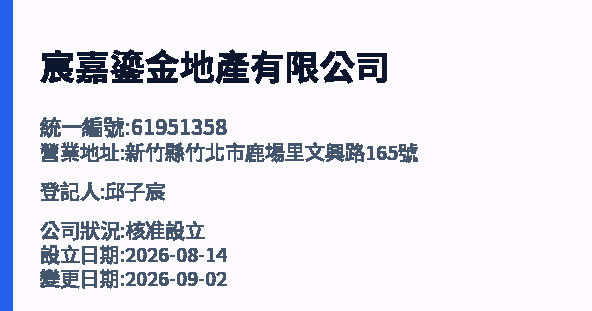 宸嘉鎏金地產有限公司的照片-統編 61951358(新竹縣) 公司登記資料與營業項目詳細圖表