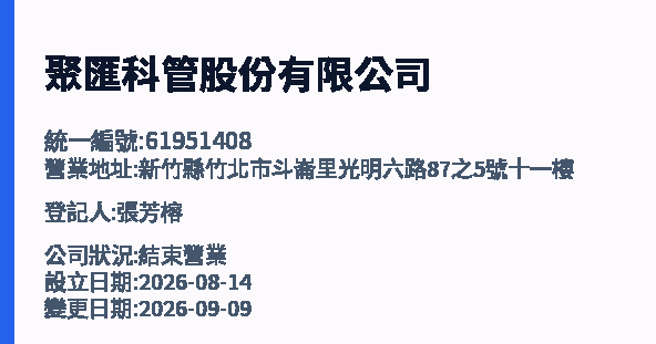 聚匯科管股份有限公司的照片-統編 61951408(新竹縣) 公司登記資料與營業項目詳細圖表
