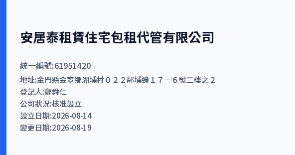安居泰租賃住宅包租代管有限公司的照片-統編 61951420(金門縣) 公司登記資料與營業項目詳細圖表