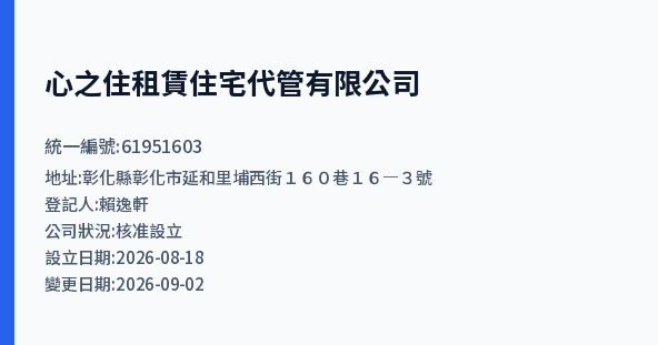 心之住租賃住宅代管有限公司的照片-統編 61951603(彰化縣) 公司登記資料與營業項目詳細圖表