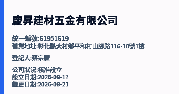 慶昇建材五金有限公司的照片-統編 61951619(彰化縣) 公司登記資料與營業項目詳細圖表
