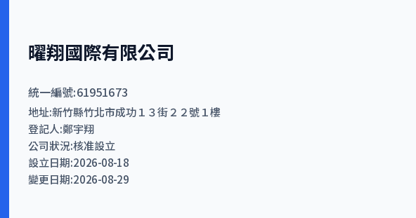 曜翔國際有限公司的照片-統編 61951673(新竹縣) 公司登記資料與營業項目詳細圖表