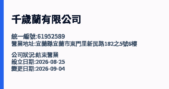 千歲蘭有限公司的照片-統編 61952589(宜蘭縣) 公司登記資料與營業項目詳細圖表
