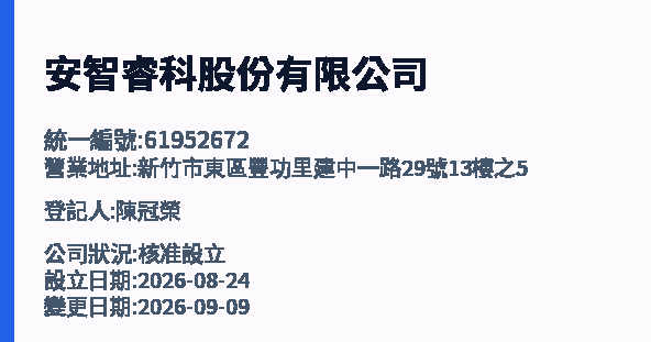 安智睿科股份有限公司的照片-統編 61952672(新竹市) 公司登記資料與營業項目詳細圖表