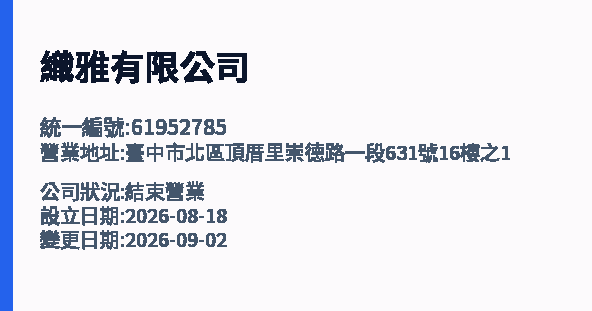 織雅有限公司的照片-統編 61952785(臺中市) 公司登記資料與營業項目詳細圖表