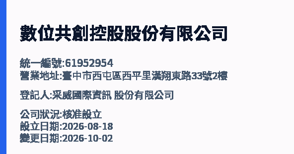 數位共創控股股份有限公司的照片-統編 61952954(臺中市) 公司登記資料與營業項目詳細圖表