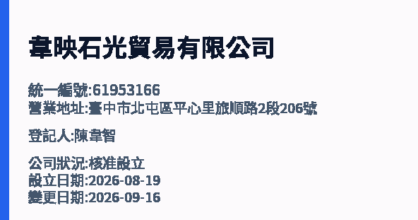 韋映石光貿易有限公司的照片-統編 61953166(臺中市) 公司登記資料與營業項目詳細圖表