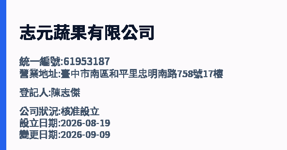 志元蔬果有限公司的照片-統編 61953187(臺中市) 公司登記資料與營業項目詳細圖表