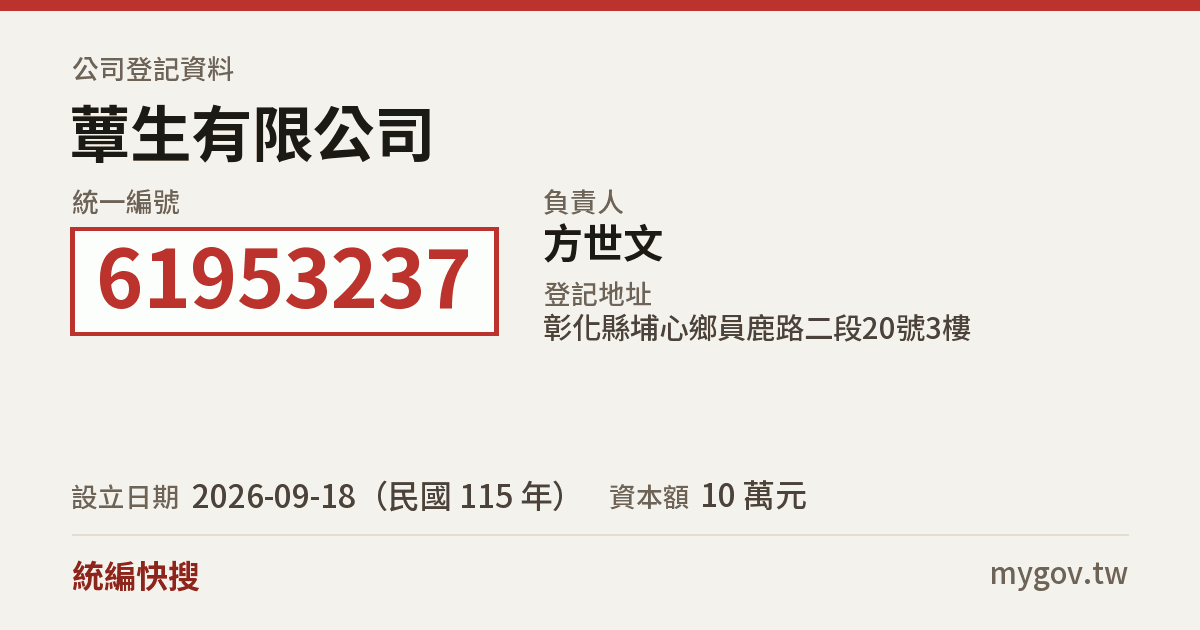 蕈生有限公司的照片-統編 61953237(彰化縣) 公司登記資料與營業項目詳細圖表
