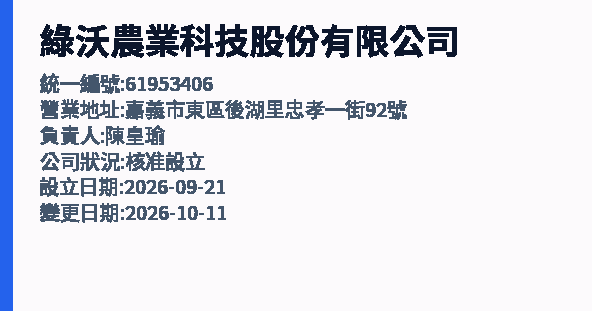 綠沃農業科技股份有限公司的照片-統編 61953406(嘉義市) 公司登記資料與營業項目詳細圖表