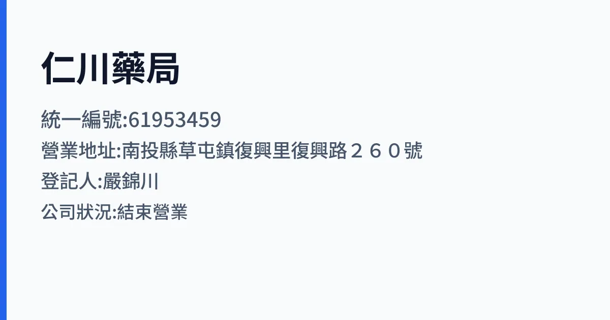 仁川藥局 - 統編 61953459(南投縣) 公司登記資料與營業項目詳細圖表