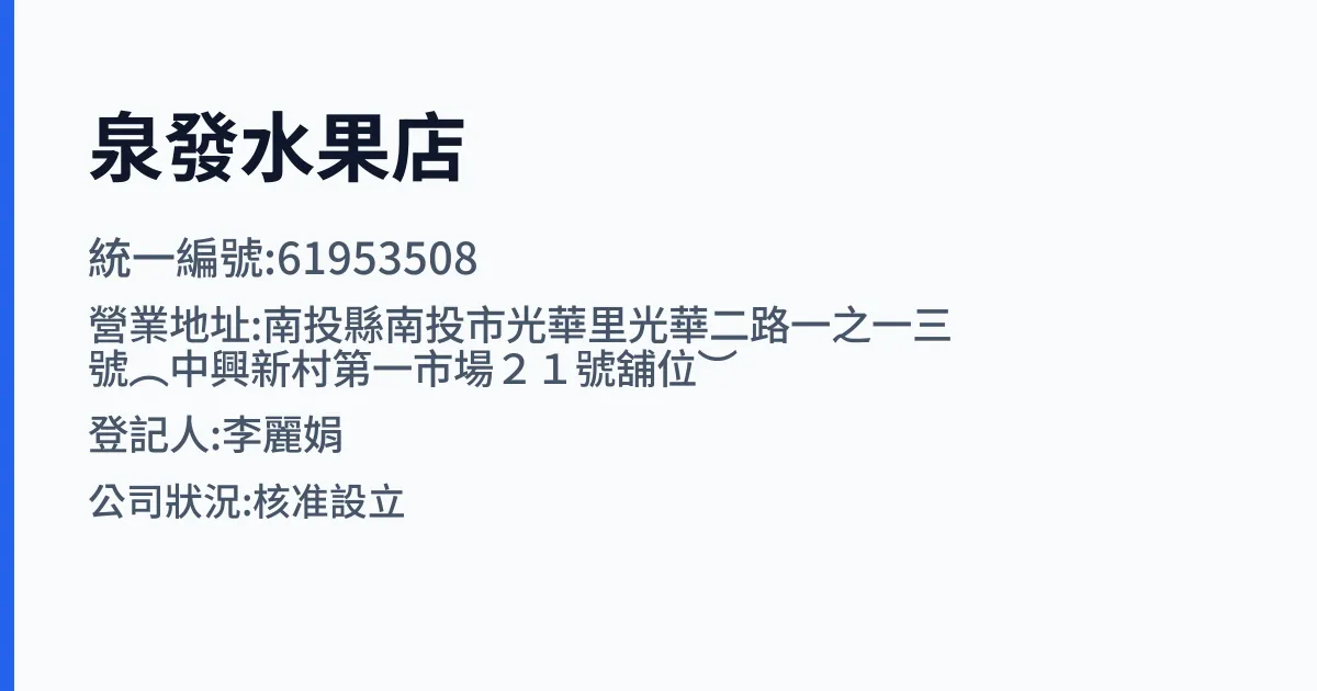 泉發水果店 - 統編 61953508(南投縣) 公司登記資料與營業項目詳細圖表
