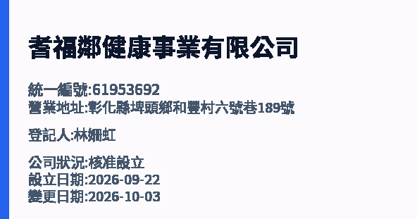 耆福鄰健康事業有限公司的照片-統編 61953692(彰化縣) 公司登記資料與營業項目詳細圖表