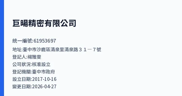 巨暘精密有限公司的照片-統編 61953697(臺中市) 公司登記資料與營業項目詳細圖表