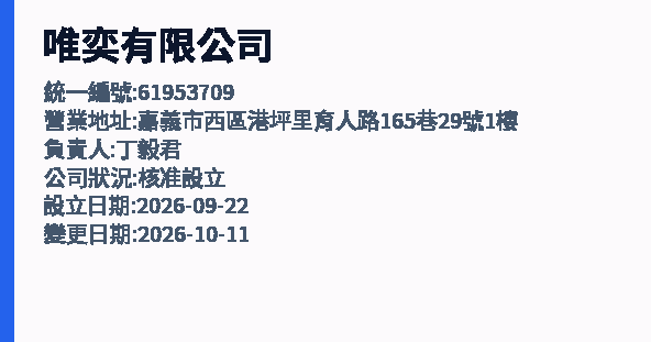 唯奕有限公司的照片-統編 61953709(嘉義市) 公司登記資料與營業項目詳細圖表