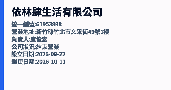 依林肆生活有限公司的照片-統編 61953898(新竹縣) 公司登記資料與營業項目詳細圖表
