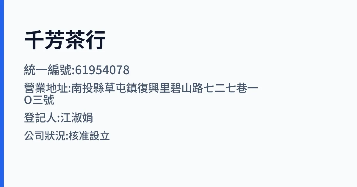 千芳茶行 - 統編 61954078(南投縣) 公司登記資料與營業項目詳細圖表