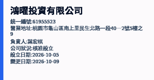 鴻曜投資有限公司的照片-統編 61955523(桃園市) 公司登記資料與營業項目詳細圖表