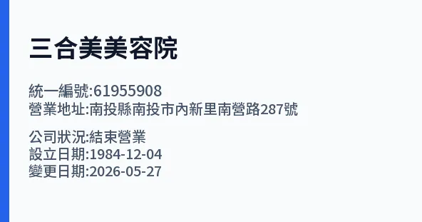 三合美美容院的照片-統編 61955908(南投縣) 公司登記資料與營業項目詳細圖表