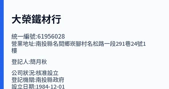 大榮鐵材行的照片-統編 61956028(南投縣) 公司登記資料與營業項目詳細圖表