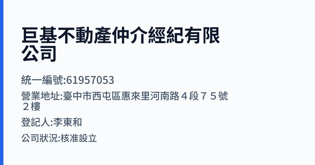 巨基不動產仲介經紀有限公司 - 統編 61957053(臺中市) 公司登記資料與營業項目詳細圖表