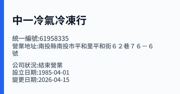 中一冷氣冷凍行的照片-統編 61958335(南投縣) 公司登記資料與營業項目詳細圖表