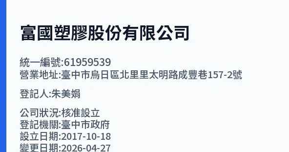 富國塑膠股份有限公司的照片-統編 61959539(臺中市) 公司登記資料與營業項目詳細圖表