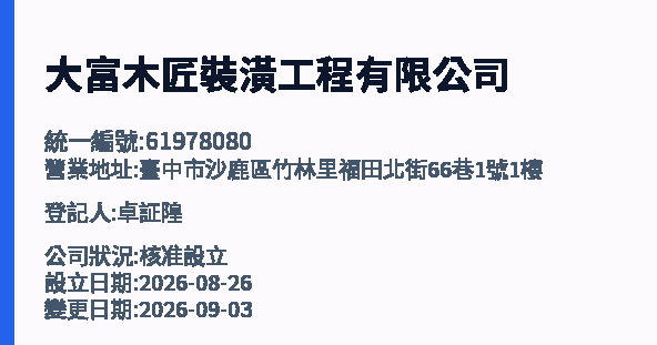 大富木匠裝潢工程有限公司的照片-統編 61978080(臺中市) 公司登記資料與營業項目詳細圖表