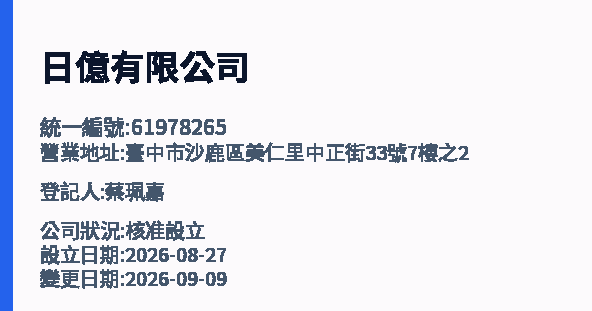 日億有限公司的照片-統編 61978265(臺中市) 公司登記資料與營業項目詳細圖表