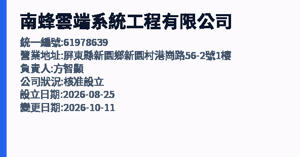 南蜂雲端系統工程有限公司的照片-統編 61978639(屏東縣) 公司登記資料與營業項目詳細圖表