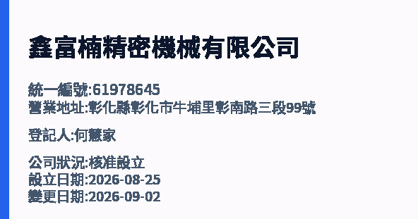 鑫富楠精密機械有限公司的照片-統編 61978645(彰化縣) 公司登記資料與營業項目詳細圖表