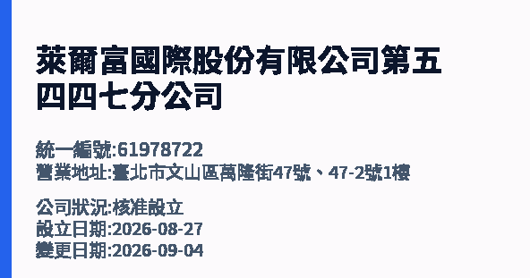 萊爾富國際股份有限公司第五四四七分公司的照片-統編 61978722(臺北市) 公司登記資料與營業項目詳細圖表