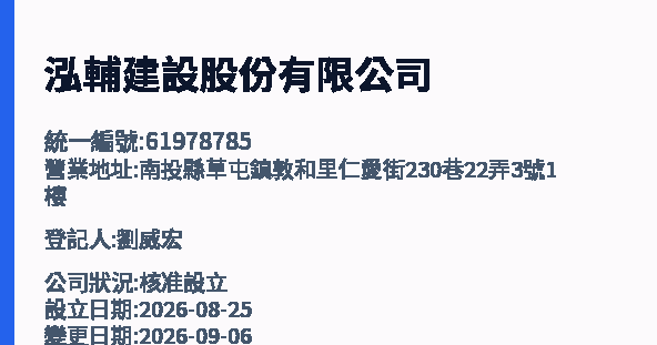 泓輔建設股份有限公司的照片-統編 61978785(南投縣) 公司登記資料與營業項目詳細圖表