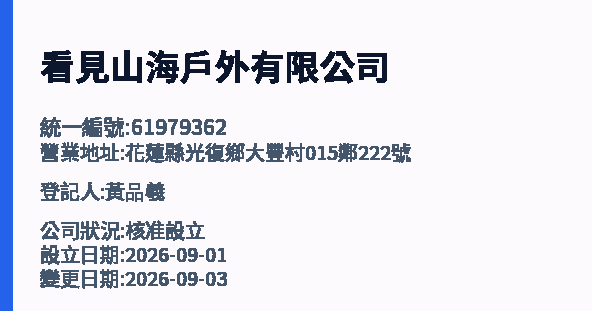 看見山海戶外有限公司的照片-統編 61979362(花蓮縣) 公司登記資料與營業項目詳細圖表