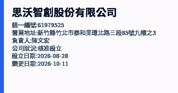 思沃智創股份有限公司的照片-統編 61979525(新竹縣) 公司登記資料與營業項目詳細圖表
