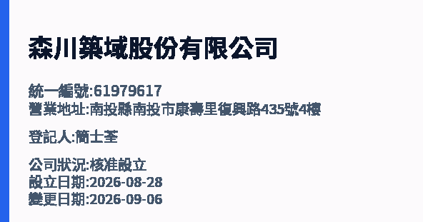 森川築域股份有限公司的照片-統編 61979617(南投縣) 公司登記資料與營業項目詳細圖表