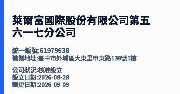 萊爾富國際股份有限公司第五六一七分公司的照片-統編 61979638(臺中市) 公司登記資料與營業項目詳細圖表