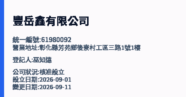 豐岳鑫有限公司的照片-統編 61980092(彰化縣) 公司登記資料與營業項目詳細圖表