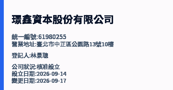 璟鑫資本股份有限公司的照片-統編 61980255(臺北市) 公司登記資料與營業項目詳細圖表
