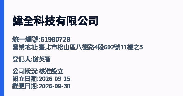 緯全科技有限公司的照片-統編 61980728(臺北市) 公司登記資料與營業項目詳細圖表