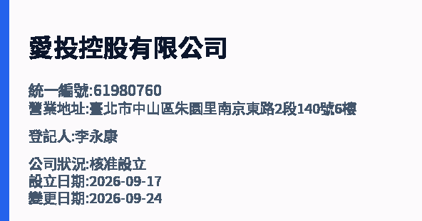 愛投控股有限公司的照片-統編 61980760(臺北市) 公司登記資料與營業項目詳細圖表