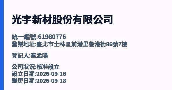 光宇新材股份有限公司的照片-統編 61980776(臺北市) 公司登記資料與營業項目詳細圖表