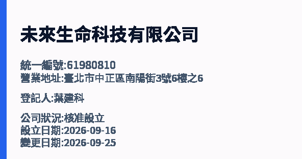 未來生命科技有限公司的照片-統編 61980810(臺北市) 公司登記資料與營業項目詳細圖表