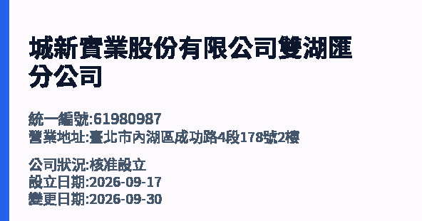 城新實業股份有限公司雙湖匯分公司的照片-統編 61980987(臺北市) 公司登記資料與營業項目詳細圖表