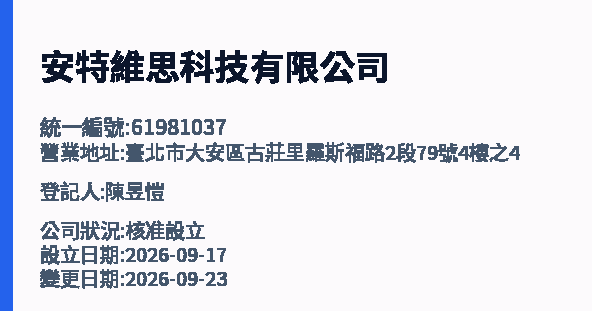 安特維思科技有限公司的照片-統編 61981037(臺北市) 公司登記資料與營業項目詳細圖表