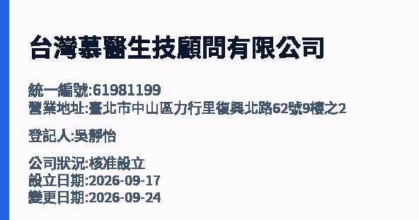 台灣慕醫生技顧問有限公司的照片-統編 61981199(臺北市) 公司登記資料與營業項目詳細圖表
